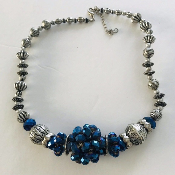 Unbranded | Jewelry | Chunky Metallic Blue Cluster Bead Necklace Silver ...